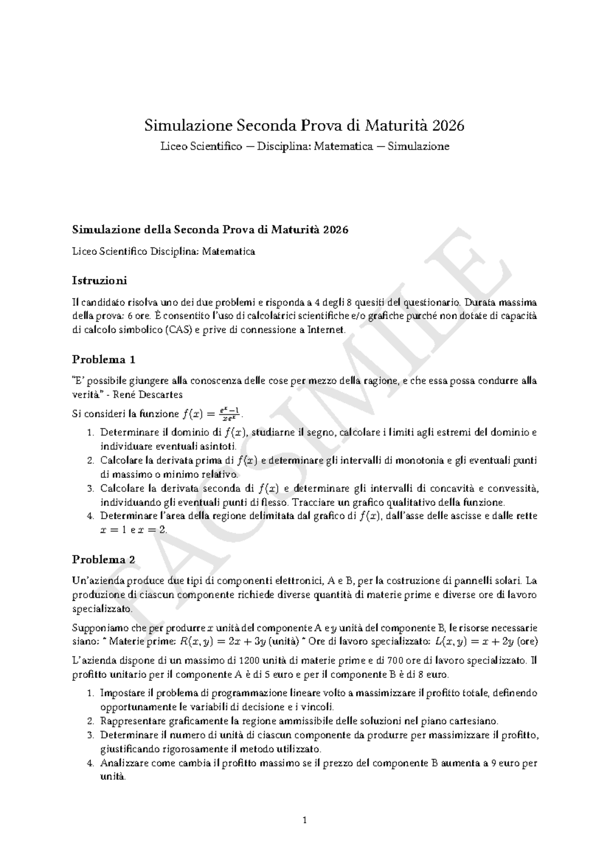 Simulazione Seconda Prova di Maturità 2026 - Matematica Esercitazione ...