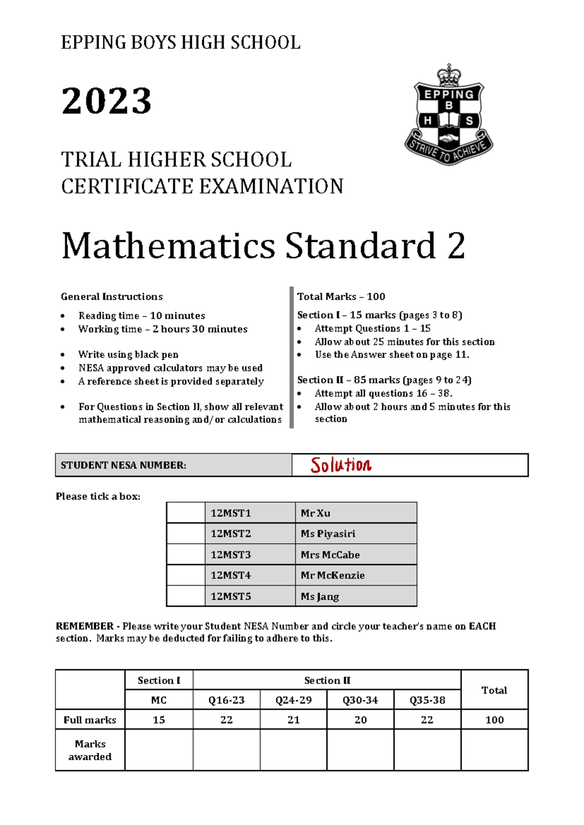 EPPING BOYS HIGH SCHOOL 2023 TRIAL HSC EXAM Mathematics Standard 2 ...