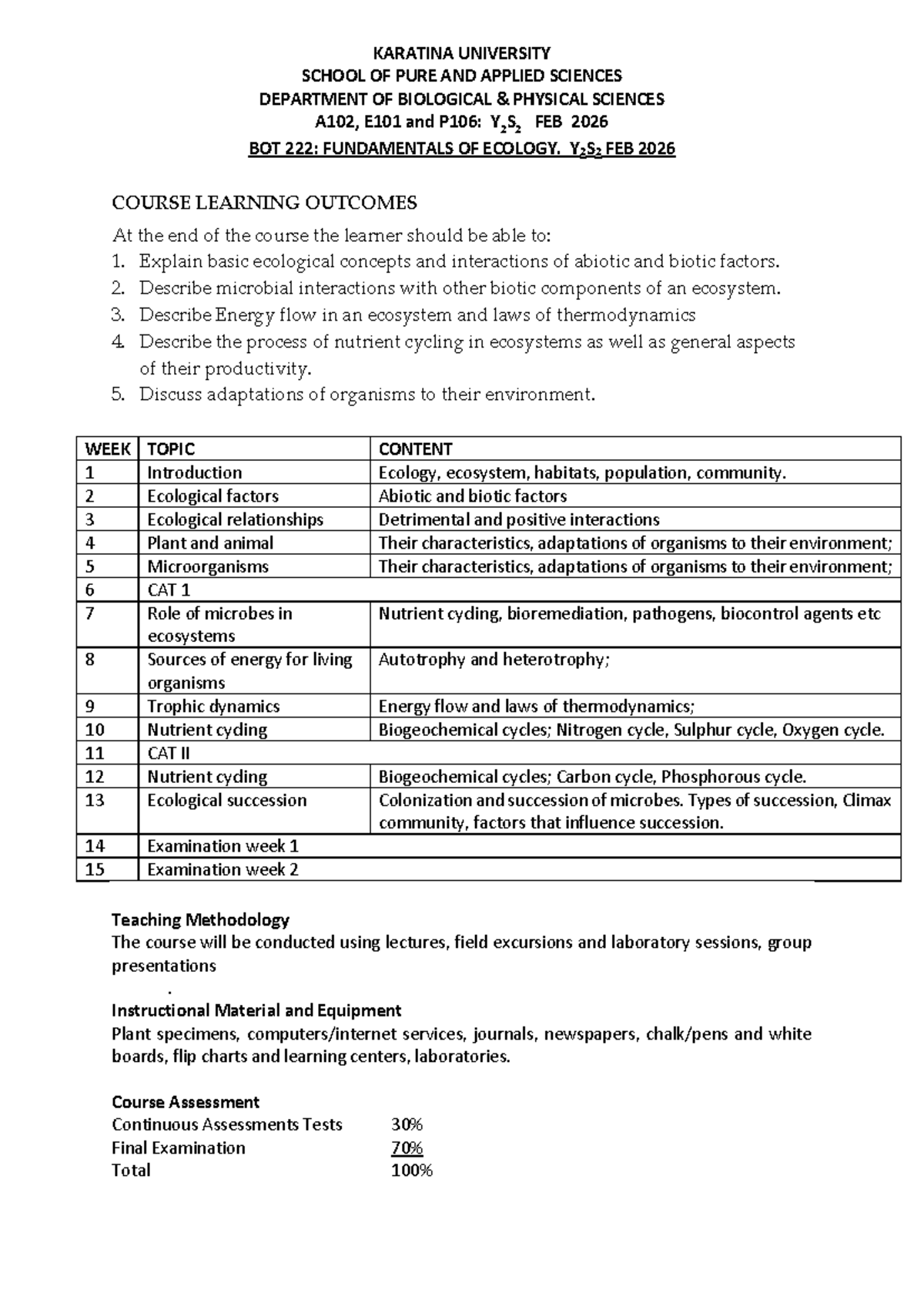 BOT 222: Fundamentals of Ecology Course Outline - Y2S2 2026 - Studocu