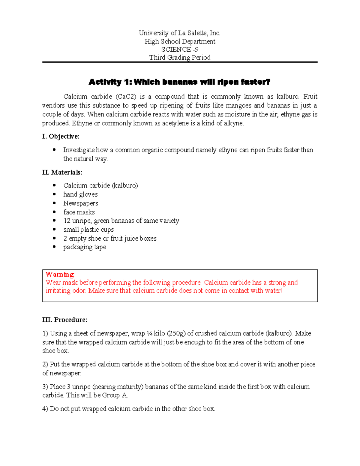Kalburo Activity: Laboratory Experiment on Fruit Ripening - Studocu