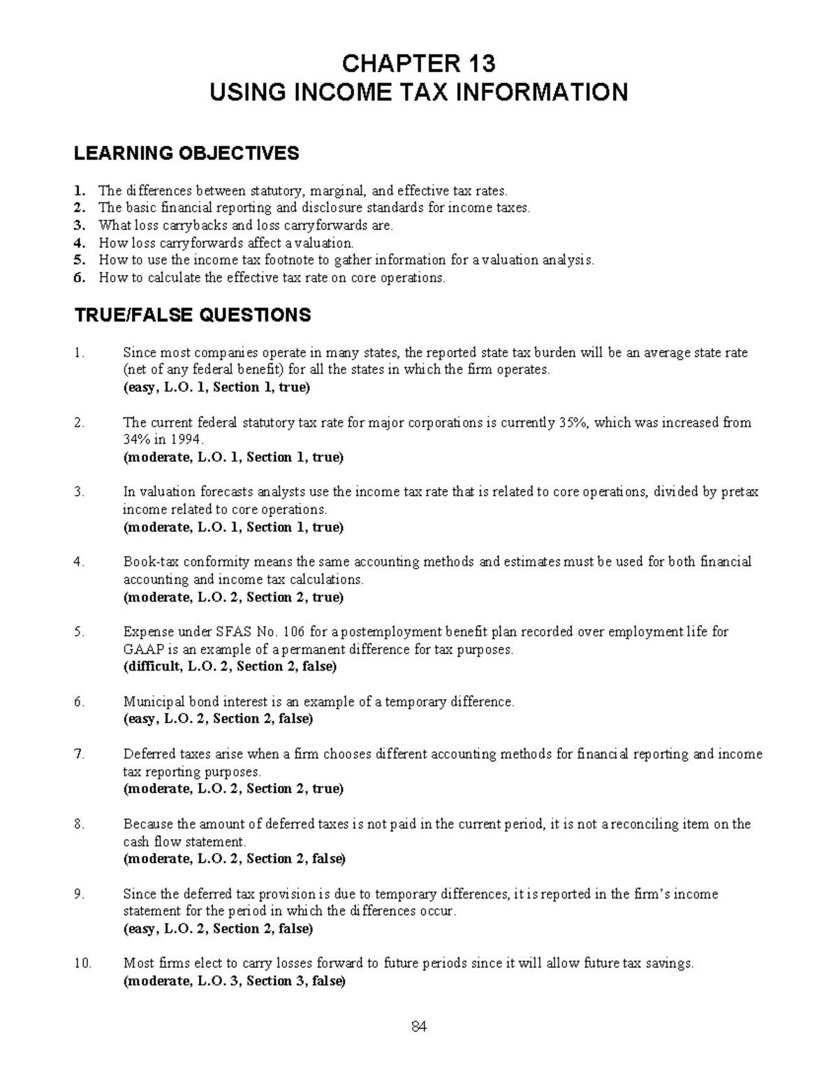 CHAPTER 13: USING INCOME TAX INFO - LEARNING OBJECTIVES & QUESTIONS ...