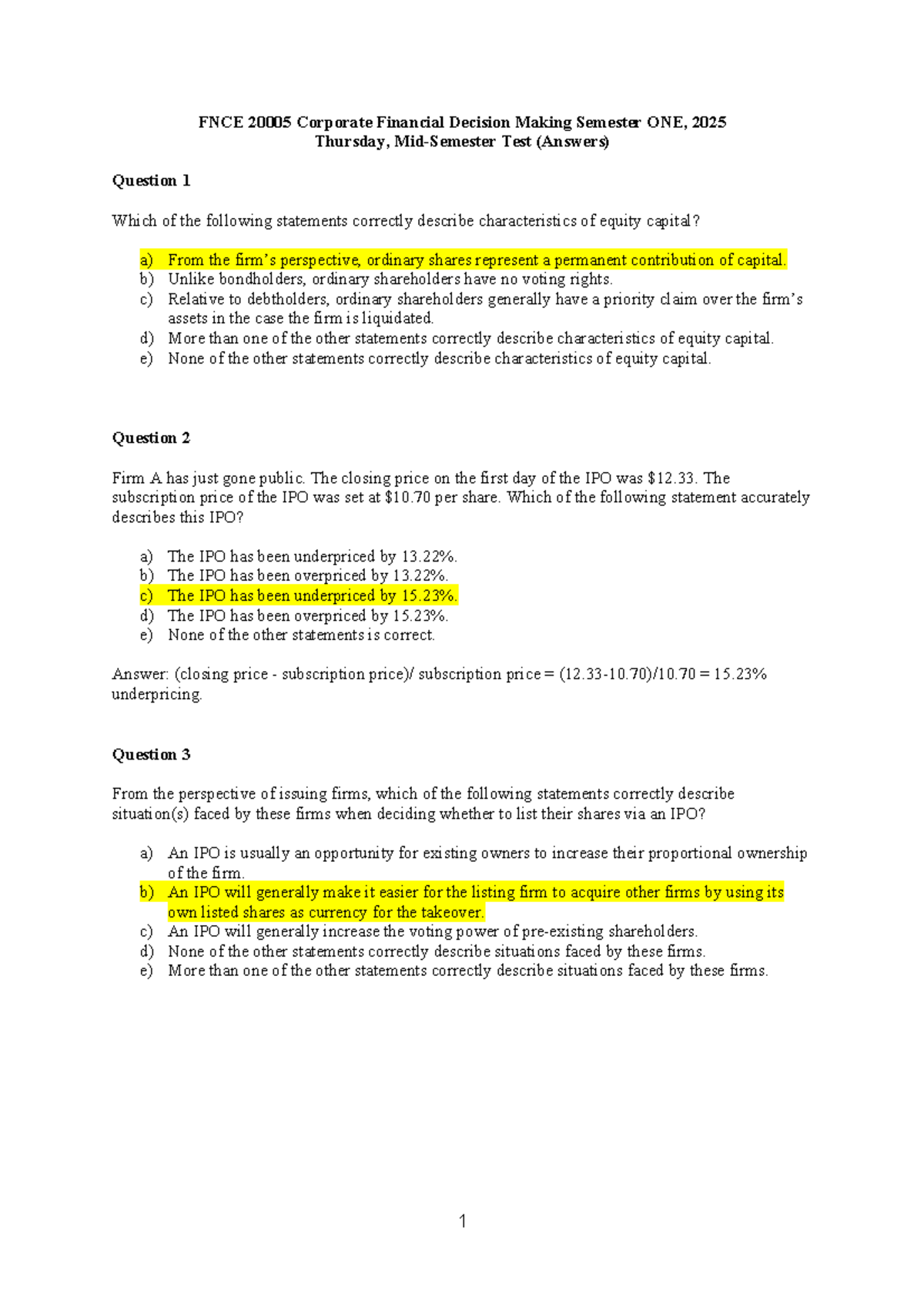 FNCE 2025 Corporate Financial Decision Making Thursday Test Answers ...