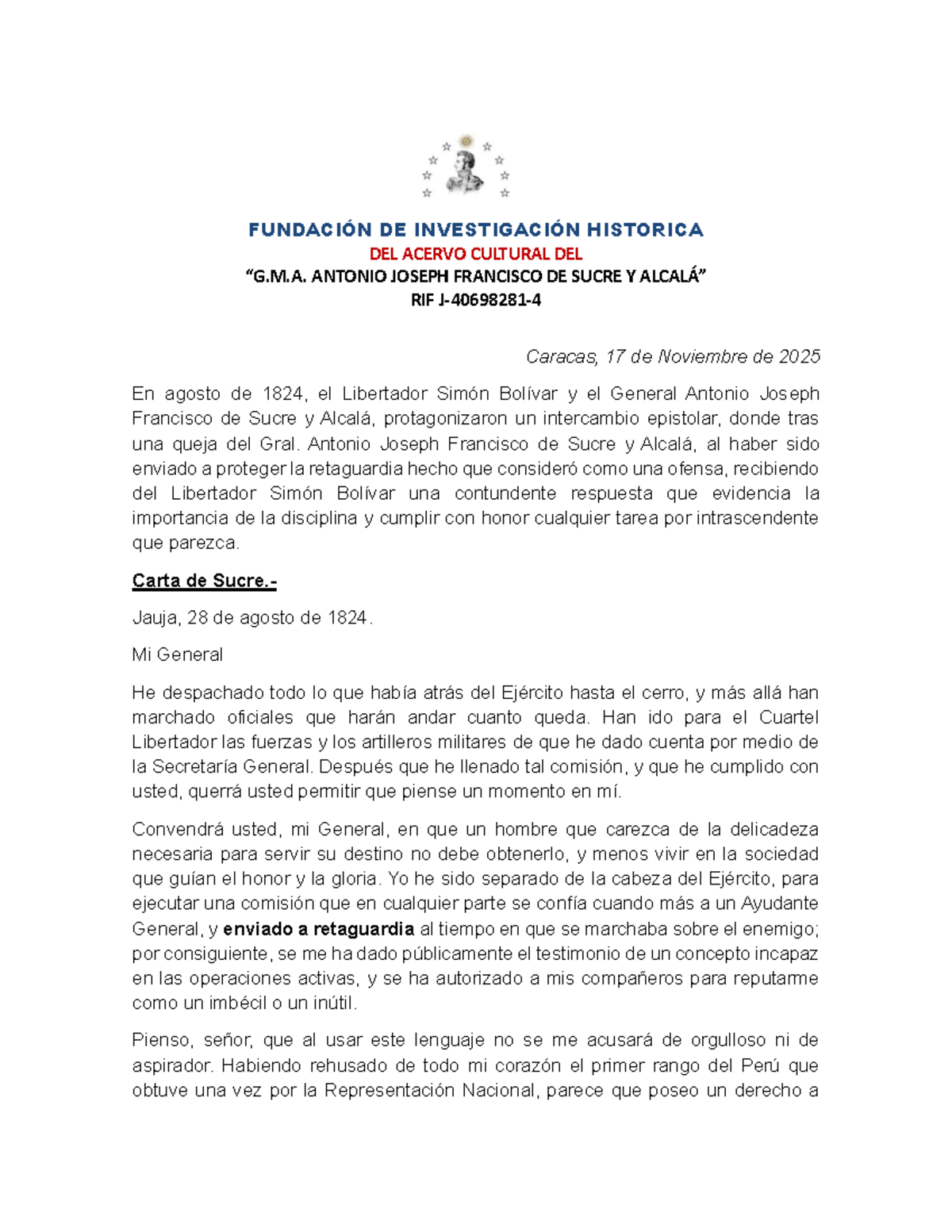 FUNDACIÓN DE INVESTIGACIÓN HISTÓRICA: CARTA DE SUCRE A BOLÍVAR - Studocu
