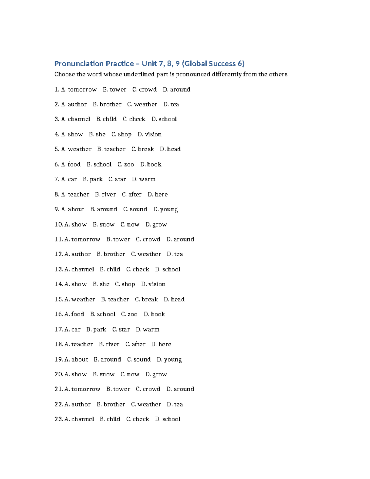 Pronunciation Practice: Units 7, 8, 9 (Global Success 6) - Studocu