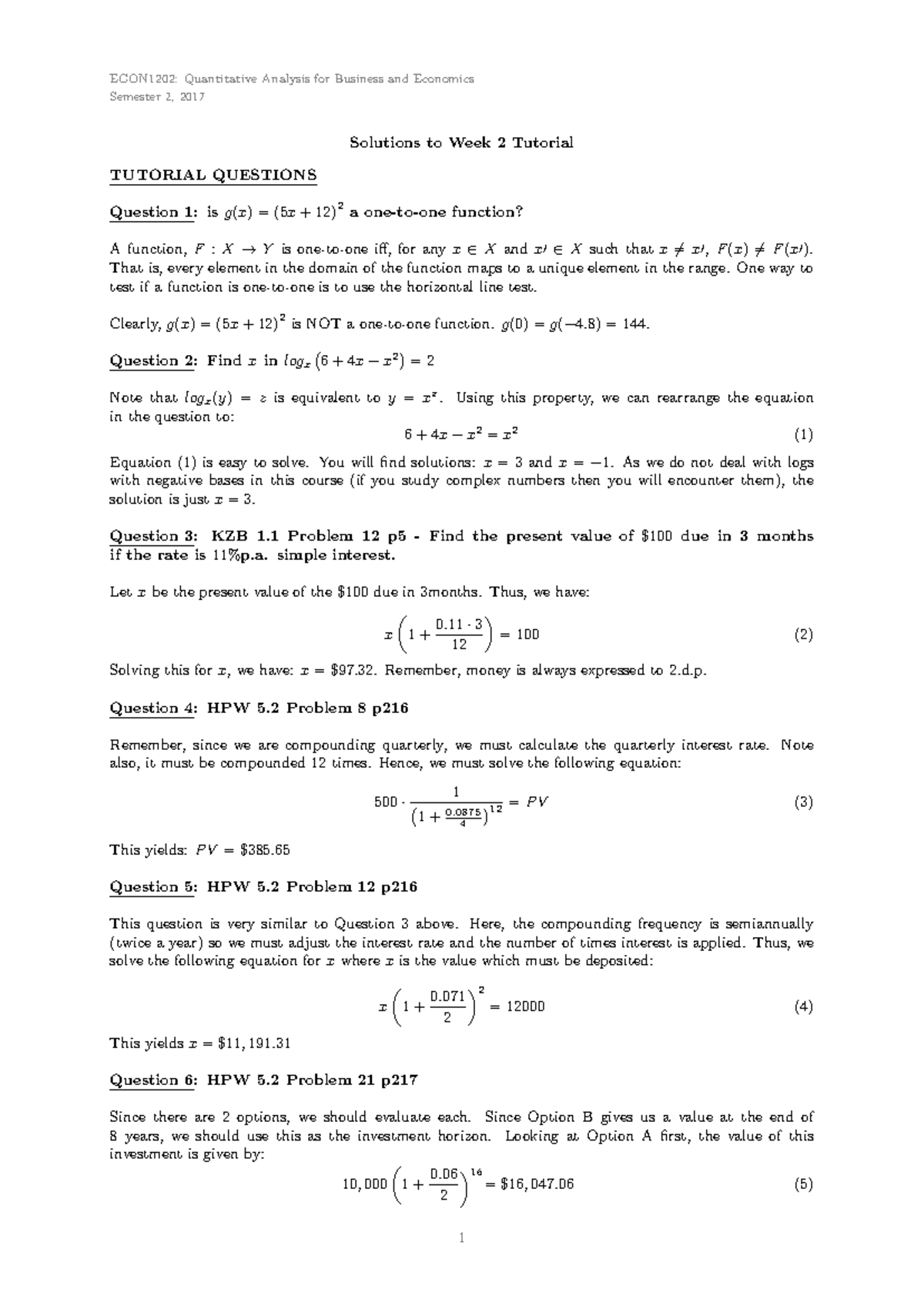 Week 2 - Detailed Tutorial Solutions - ECON1202: Quantitative Analysis for Business and ...