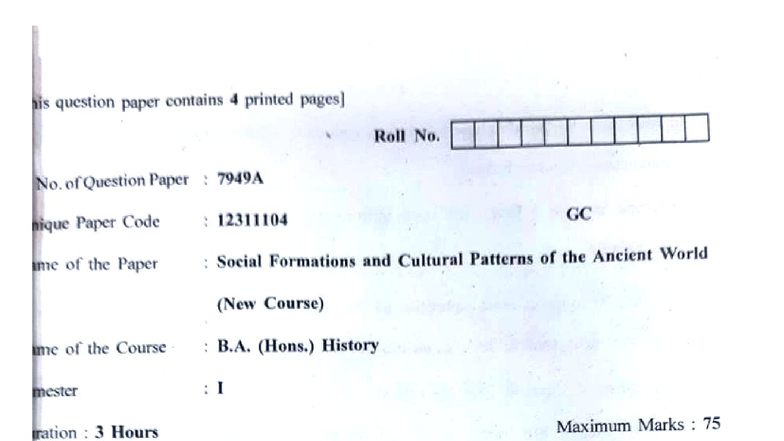 B.A. (Hons.) History I Sem: Social Formations & Cultural Patterns Exam ...