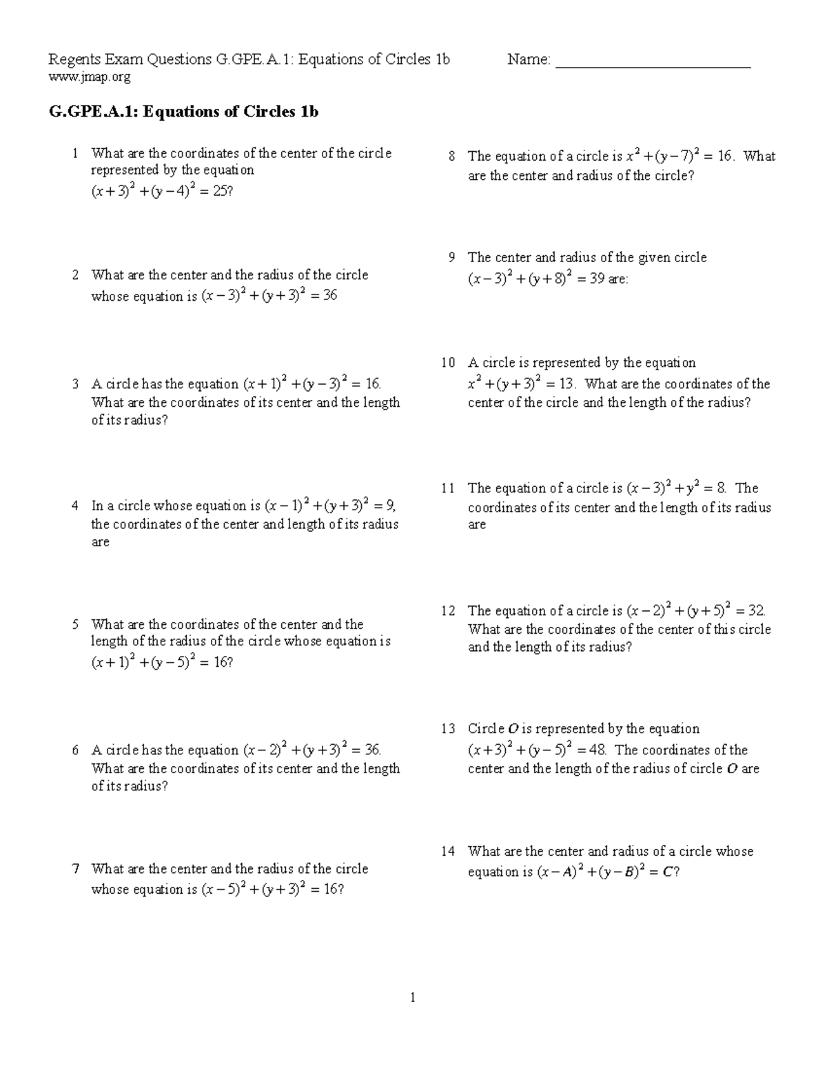 G.GPE.A - key - Regents Exam Questions G.GPE.A: Equations of Circles 1b ...