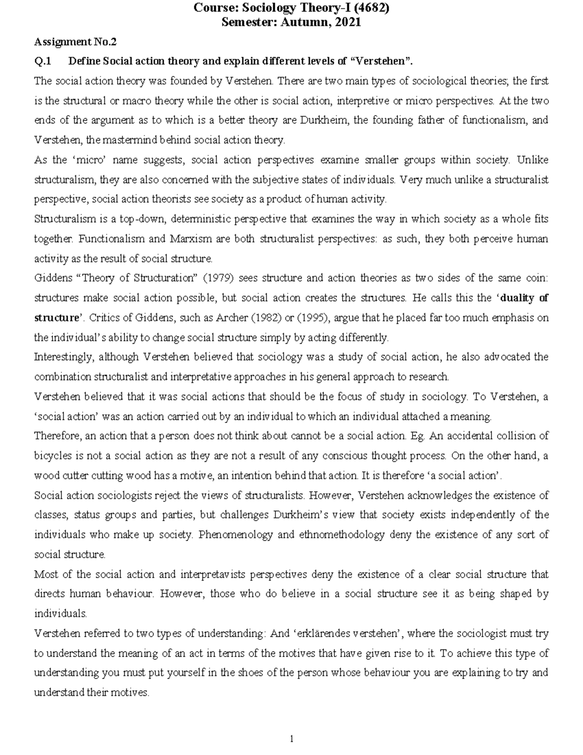 Sociology 4682: Social Action Theory & Conflict Theory Analysis - Studocu