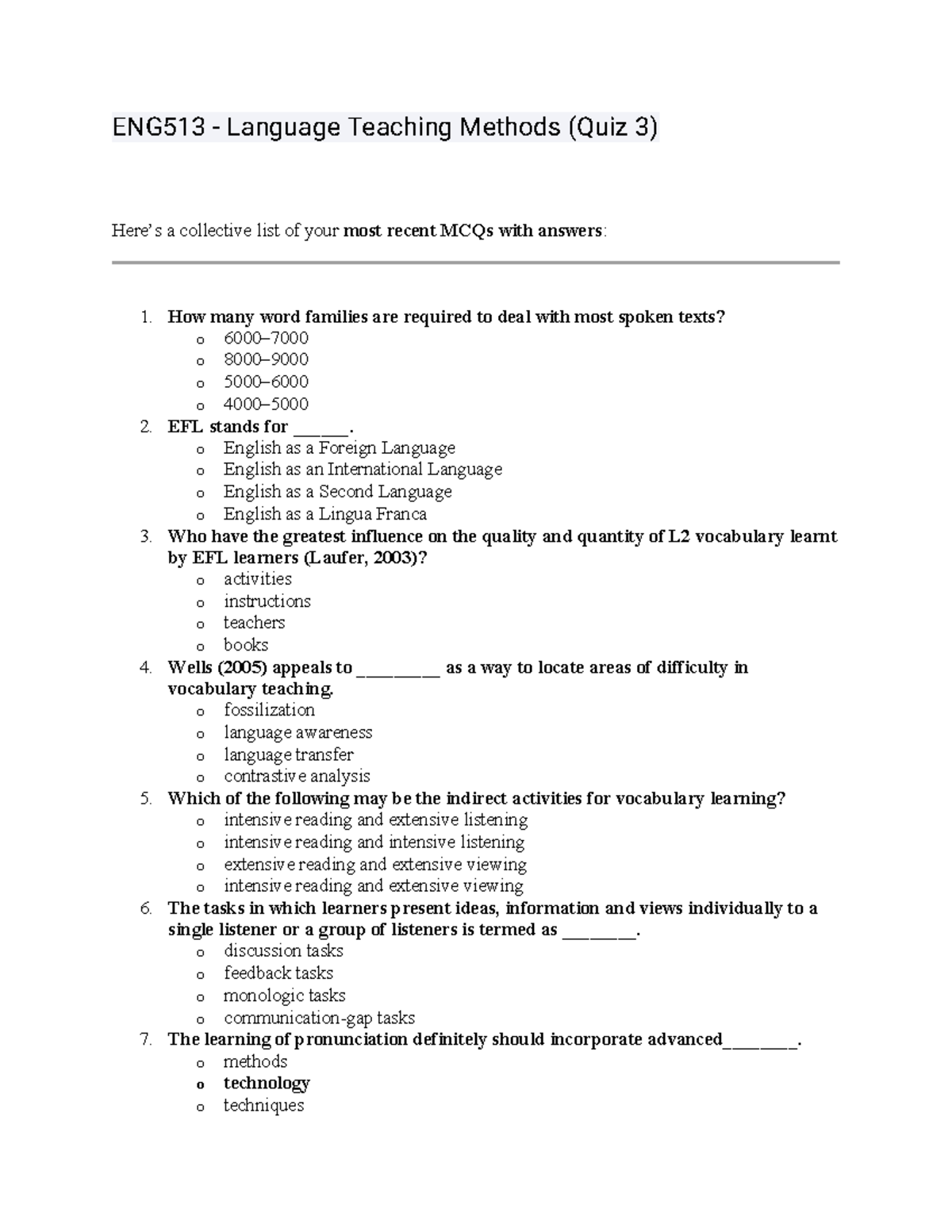 ENG513 Language Teaching Methods (Quiz 3) MCQs with Answers - Studocu
