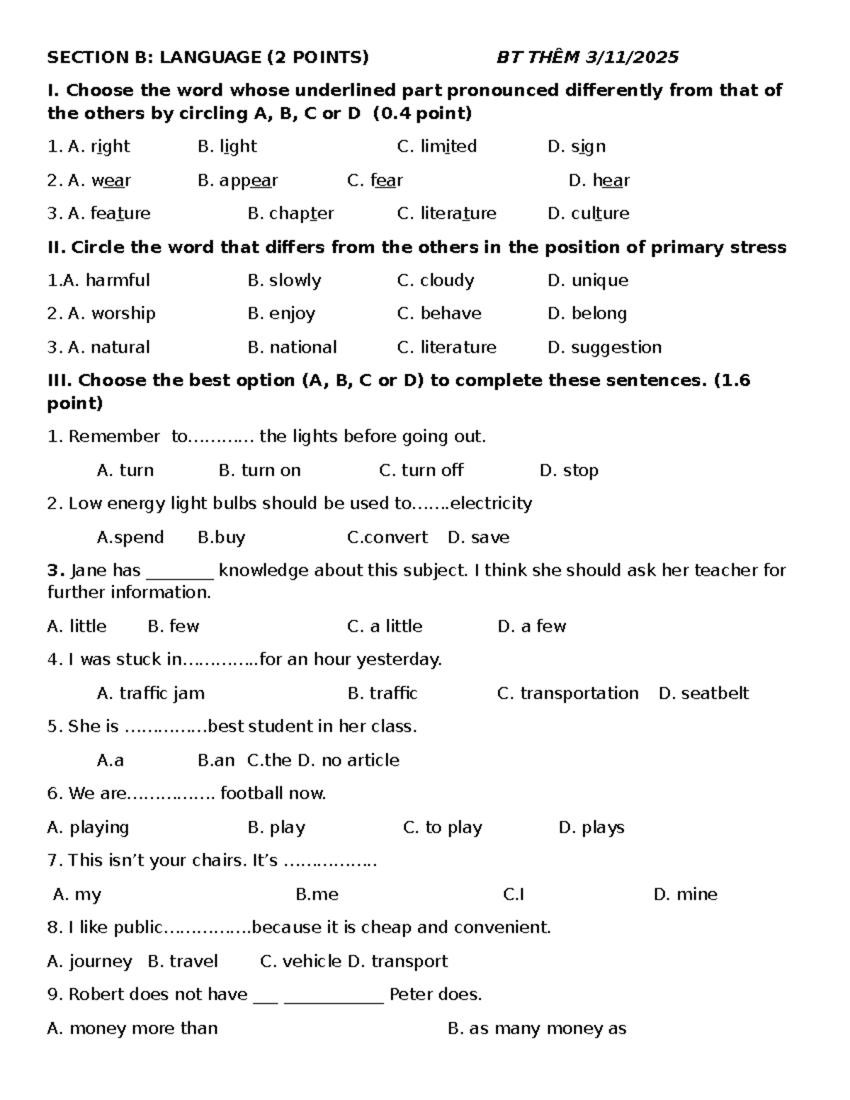 BT THÊM: Language Practice Exercises and Reading Comprehension - Studocu