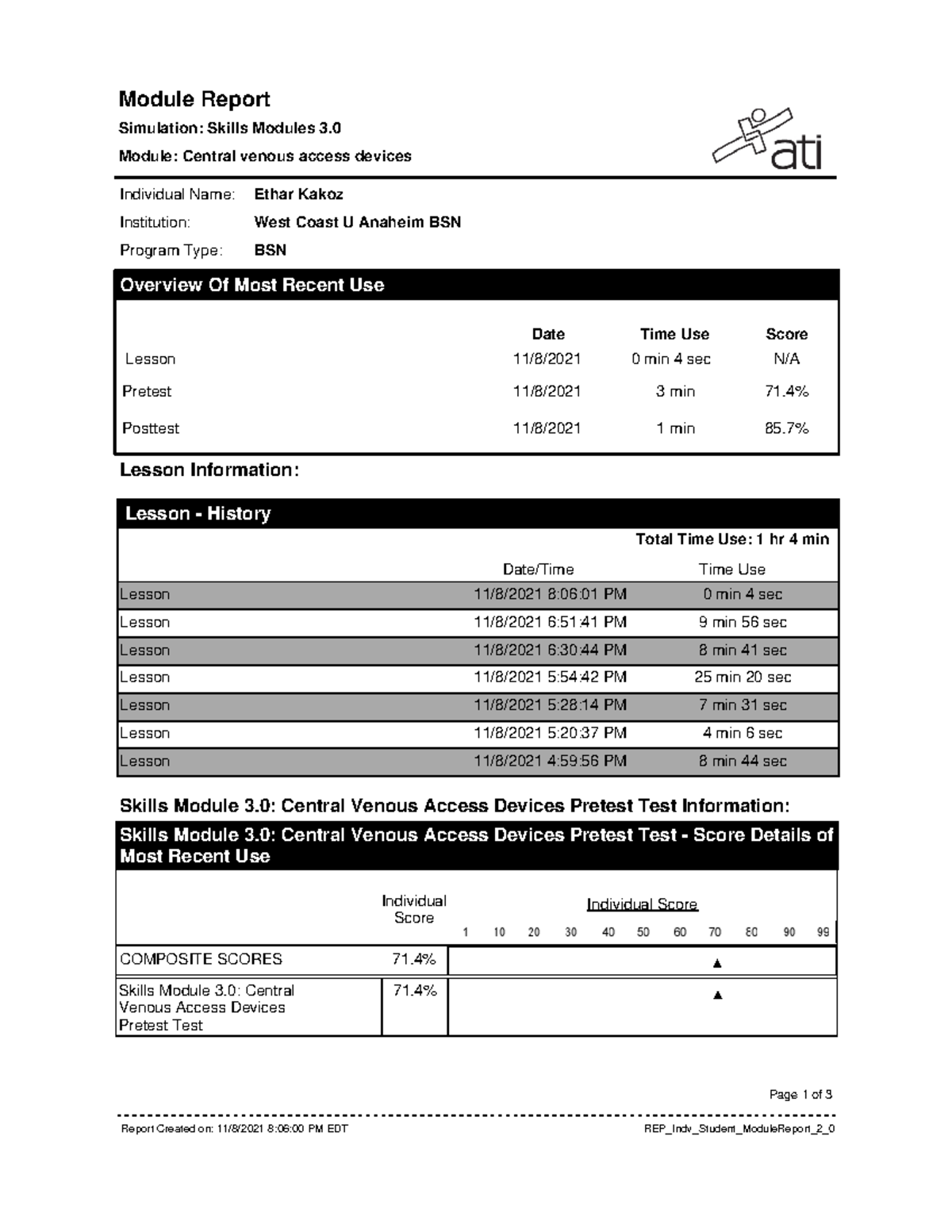 Central Venous ATI - Lecture notes 2 - Module Report Simulation: Skills ...