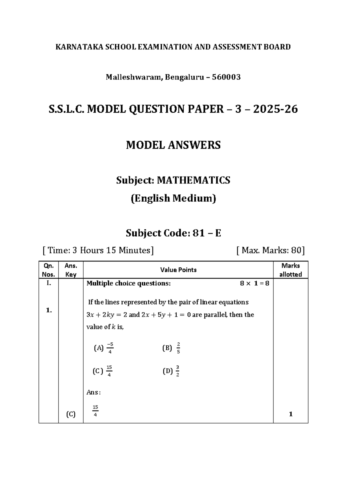 SSLC 2025-2026 Model Question Paper 3 - Mathematics (Code: 81E) - Studocu