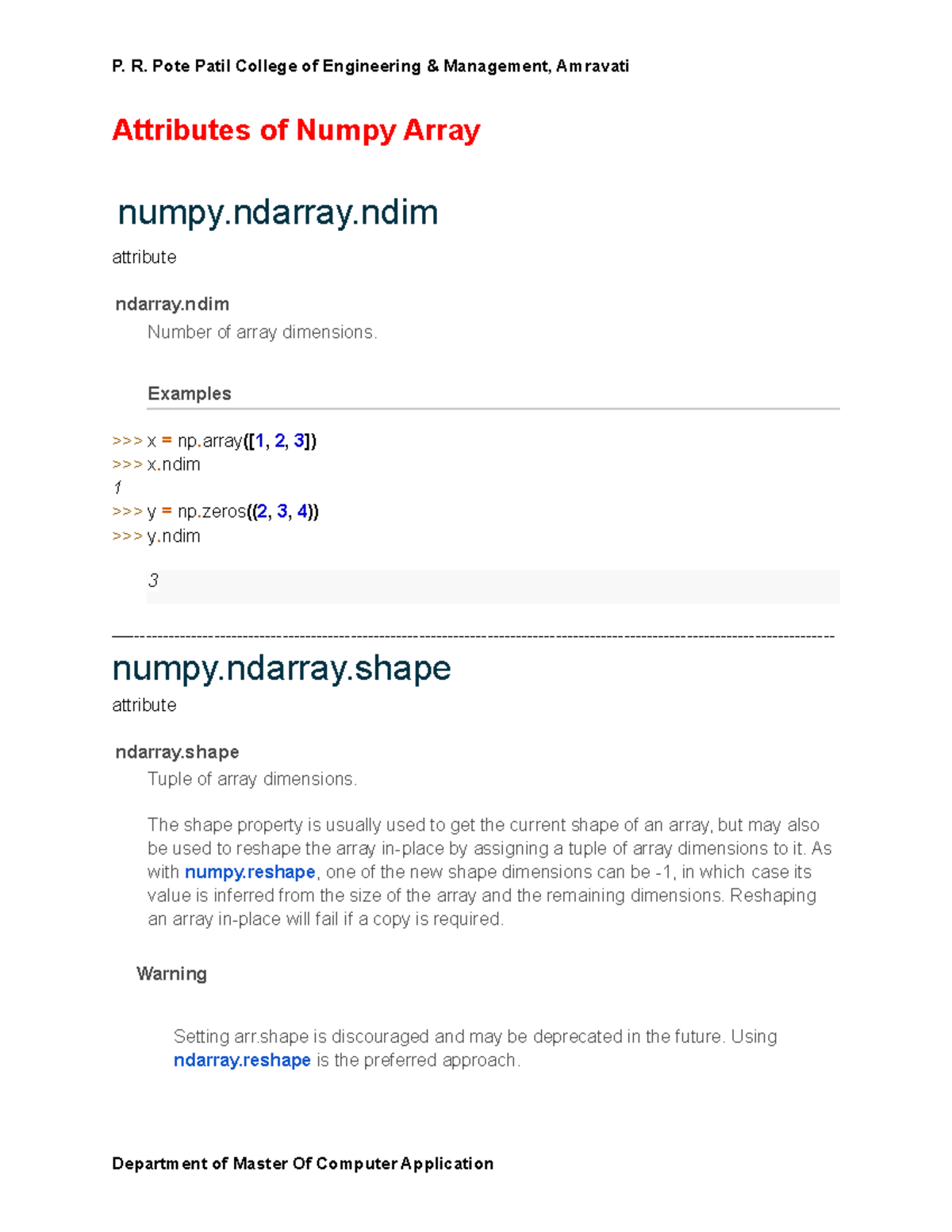 DA-Unit-3-1 Numpy Array Attributes & Functions Explained - Studocu