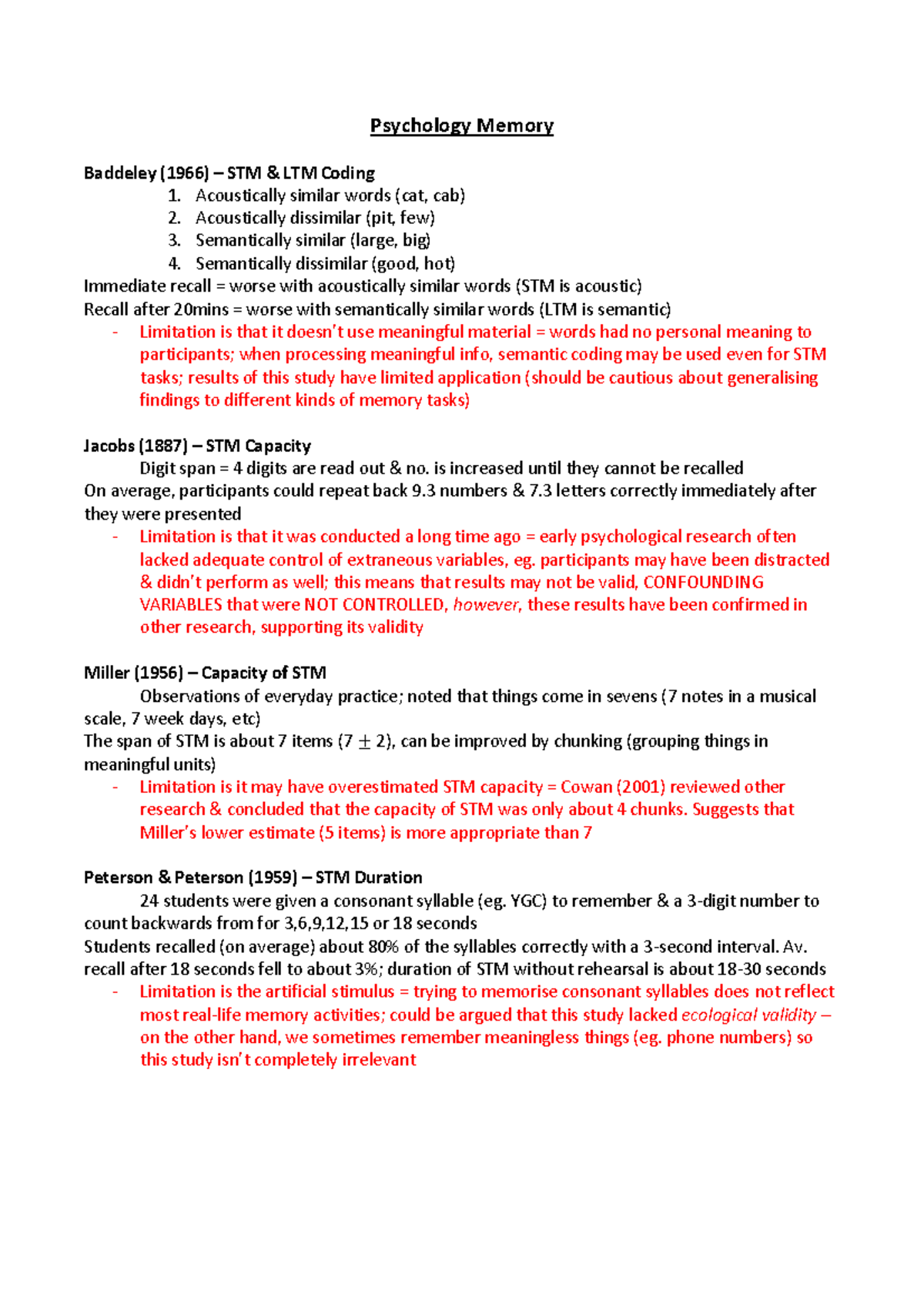 Psychology Memory Notes: Baddeley (1966) on STM and LTM Coding - Studocu