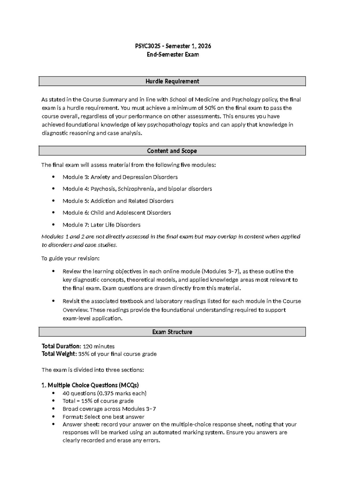 PSYC3025 2026 Final Exam Hurdle Requirement Guide - Studocu