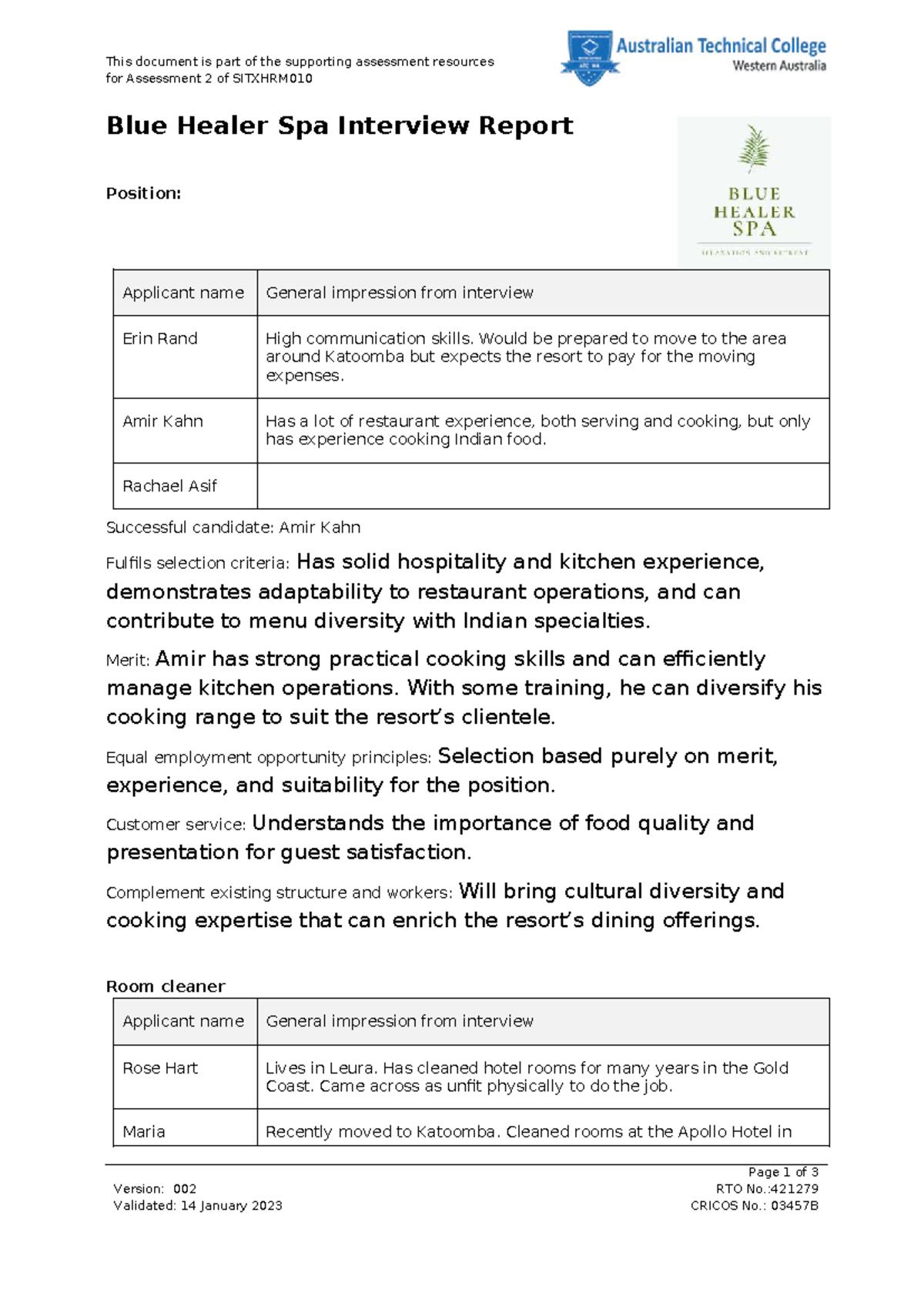 SITXHRM010 Assessment 2: Interview Report for Blue Healer Spa - Studocu