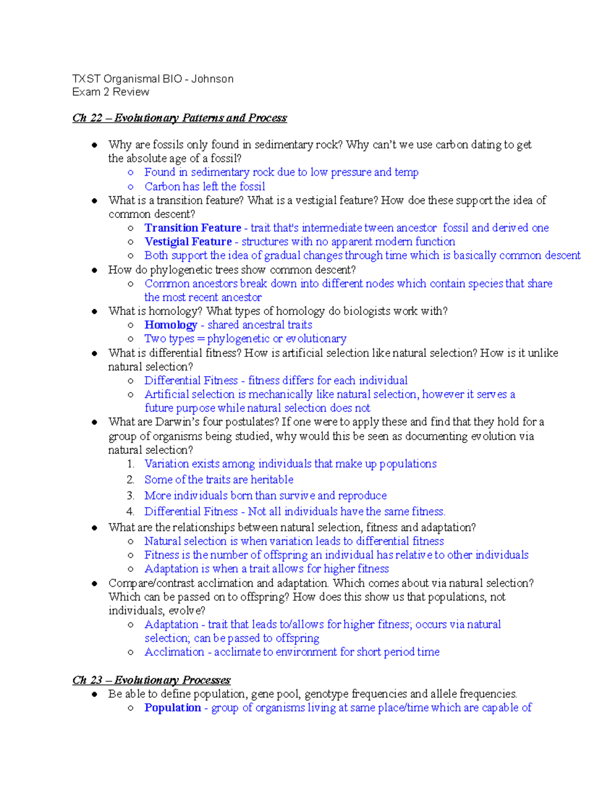 TXST Organismal BIO Exam 2 Review: Evolutionary Patterns & Processes ...