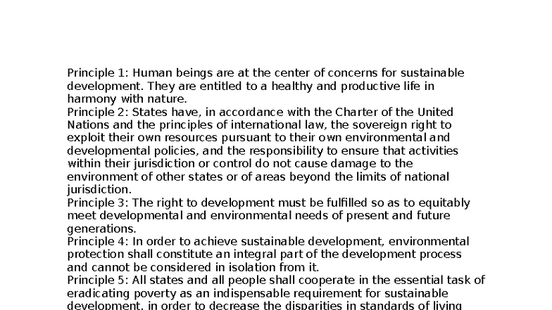 27 Principles of Rio: Framework for Sustainable Development - Studocu