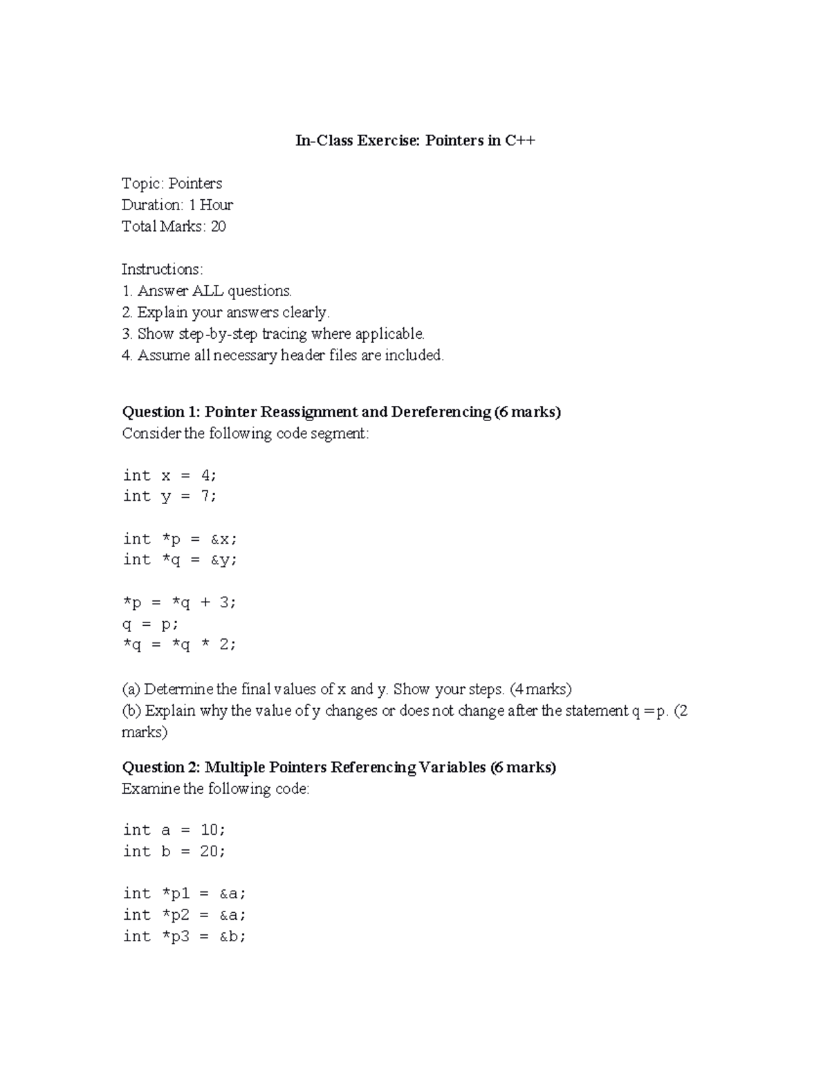 Exercise: Pointers - Answer Key for Topic: Pointers (20 Marks) - Studocu