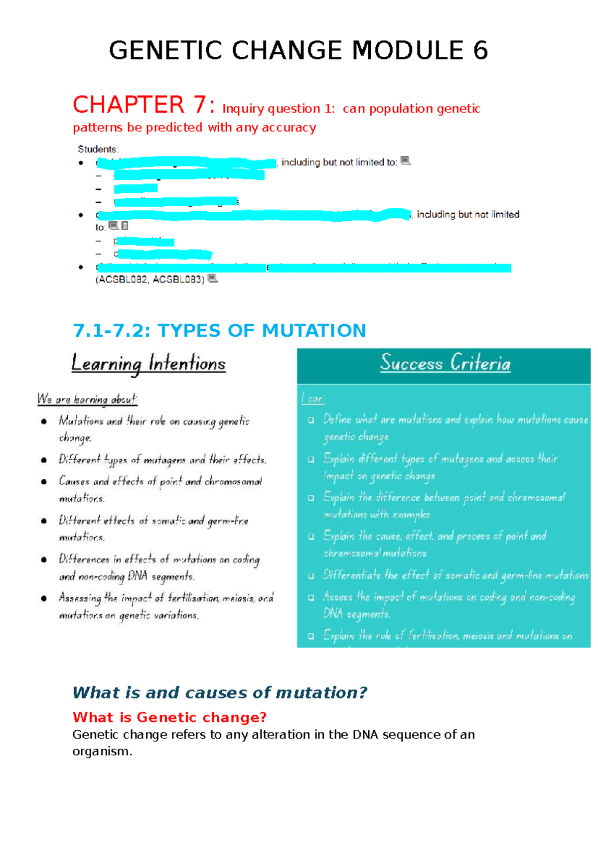 GENETIC CHANGE MODULE 6: Chapter 7 - Types and Causes of Mutation - Studocu