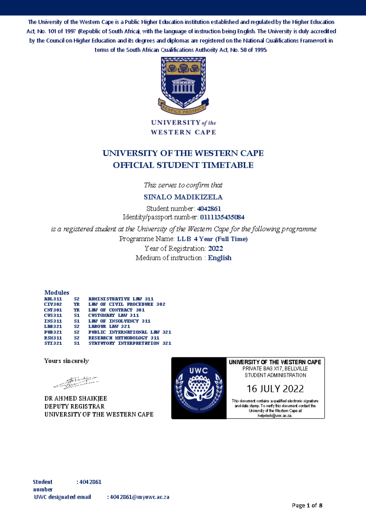 UWC Official Student Timetable for LLB Program - 2022 - Studocu