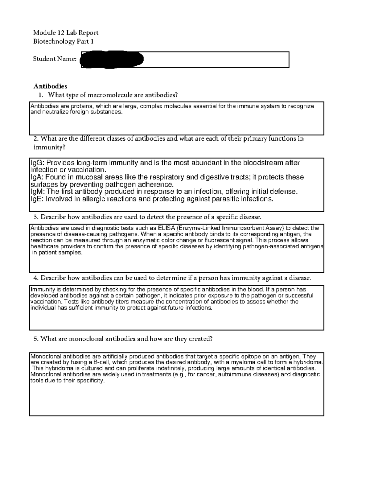 BIOL 101 Module 12 Lab Report: Understanding Antibodies and Immunity ...