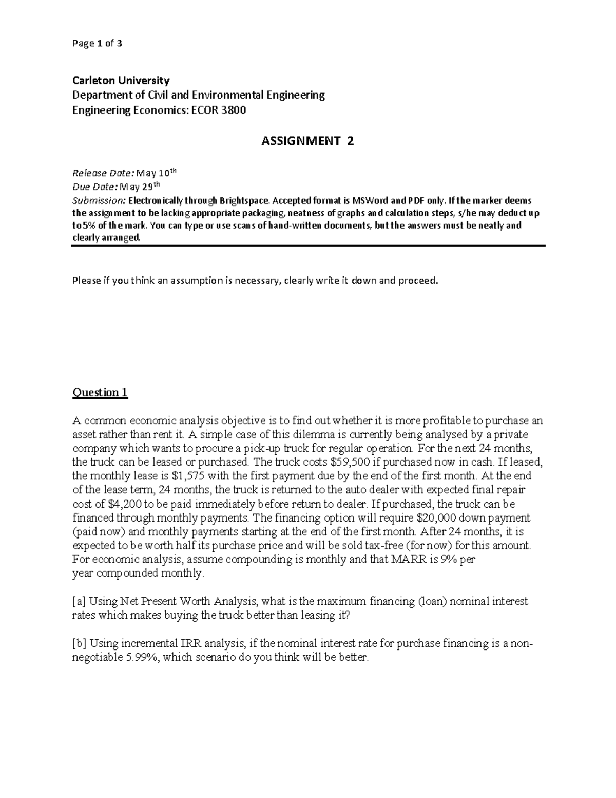 Engineering Economics Assignment 2: ECOR 3800 Analysis and Solutions ...