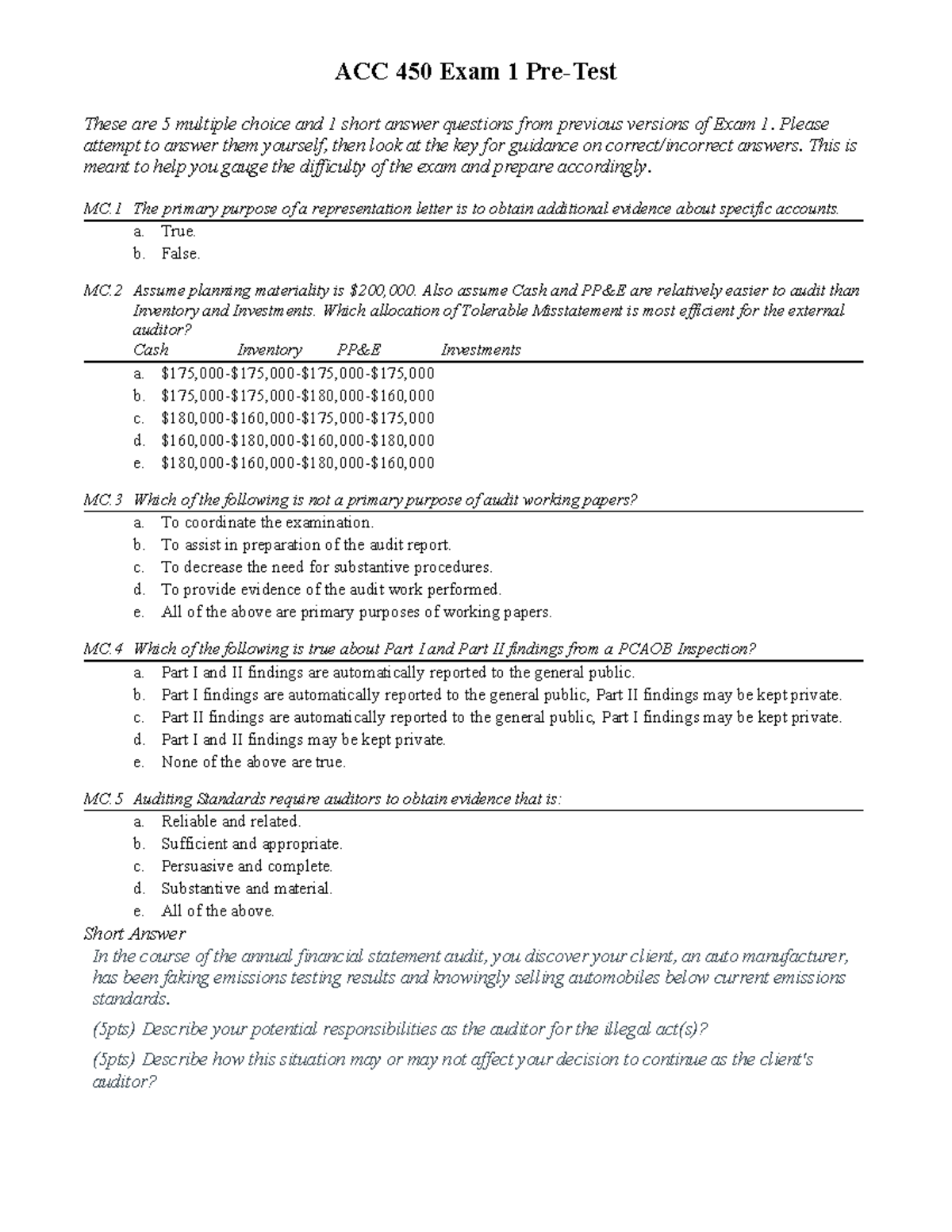 ACC 450 Exam 1 Pre-Test Review with Key Insights on Auditing - Studocu