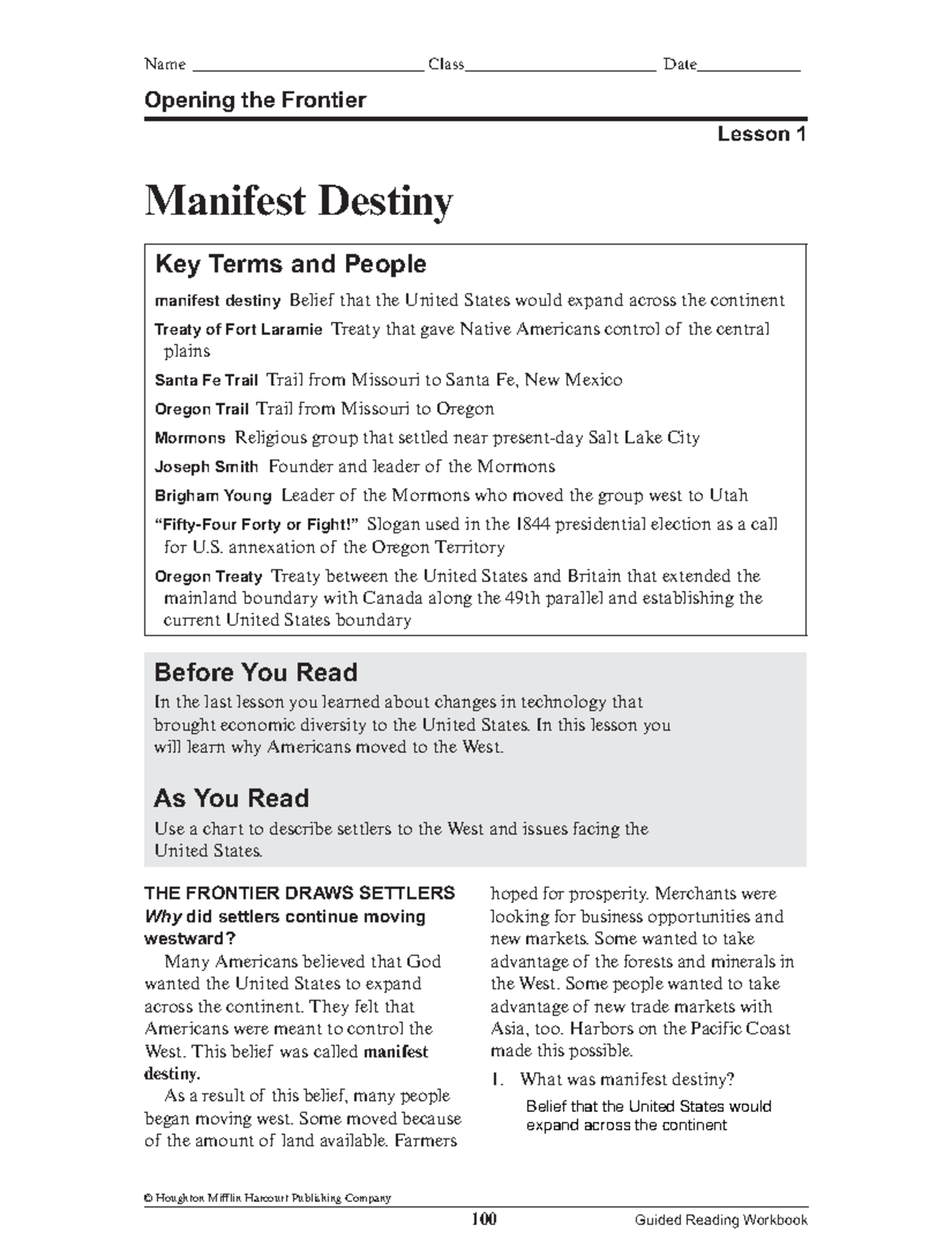 Manifest Destiny: Key Terms & People in Lesson 1 (7.1) - Studocu