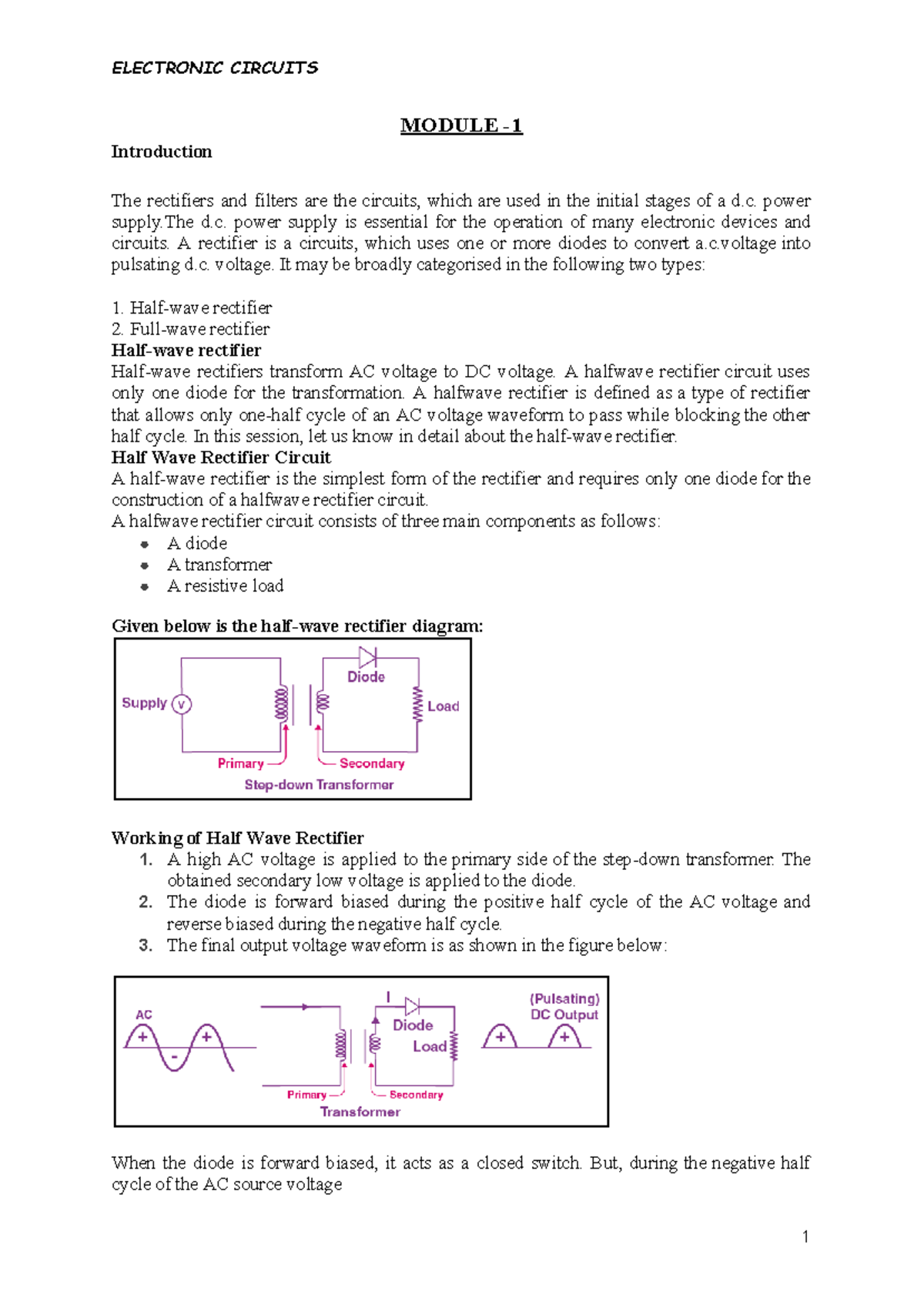 ELECTRONIC CIRCUITS MODULE: Rectifiers and Filters Overview - Studocu