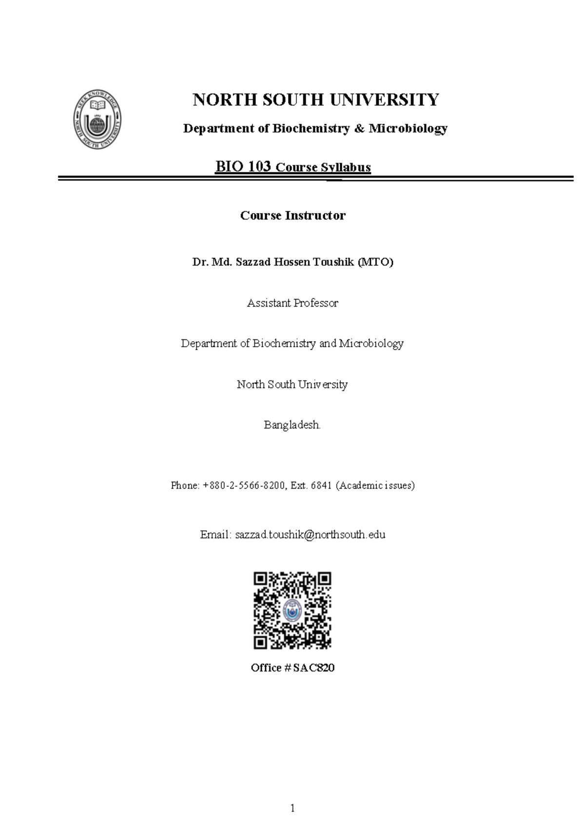 BIO 103 Course Syllabus & Outline for Fall 2023 at NSU - Studocu