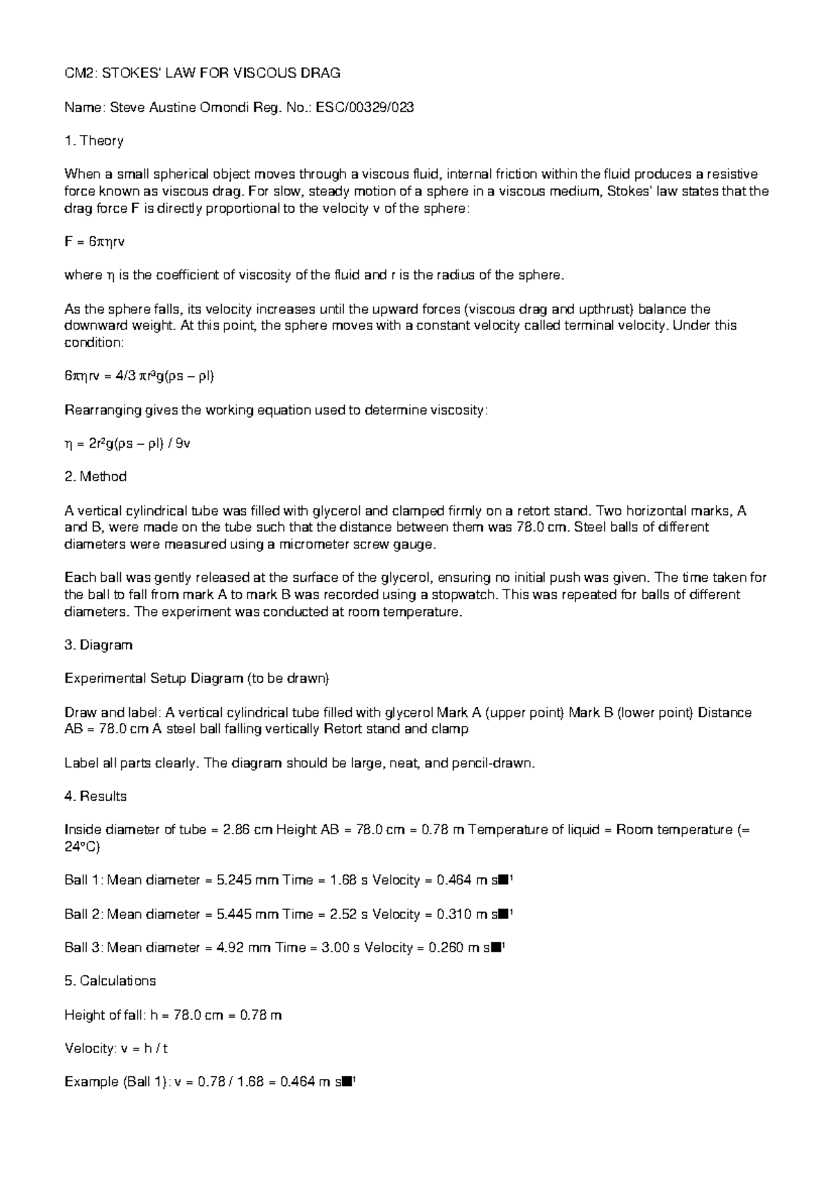 CM2: Stokes Law Experiment Report on Viscous Drag - Studocu