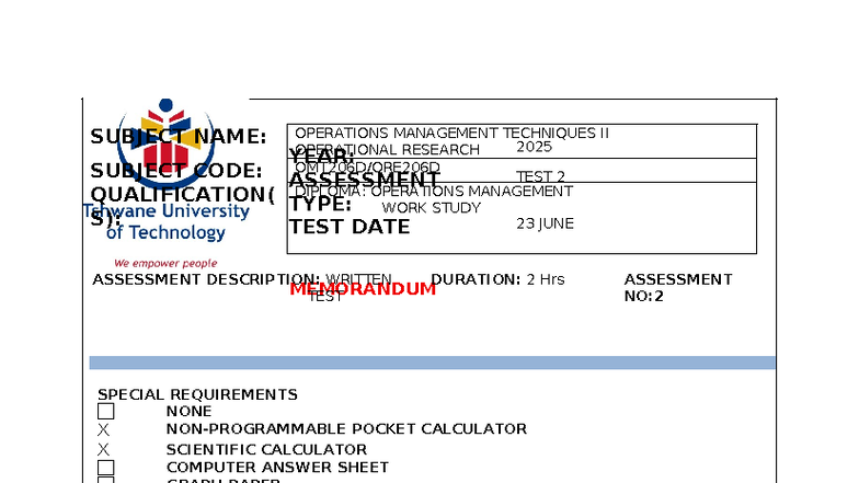 Test 2 Memorandum for Operations Management Techniques II (OPS 2025 ...