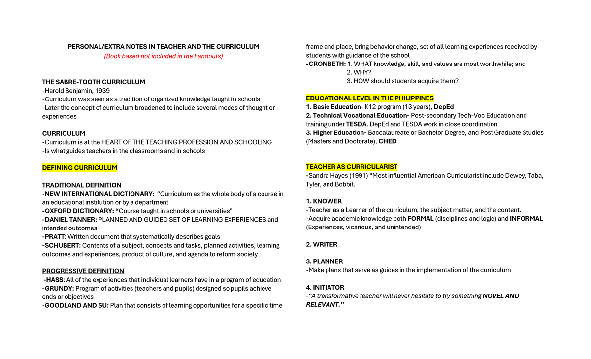 Personal Notes IN Teacher AND THE Curriculum BOOK Based (pp1-53 ...