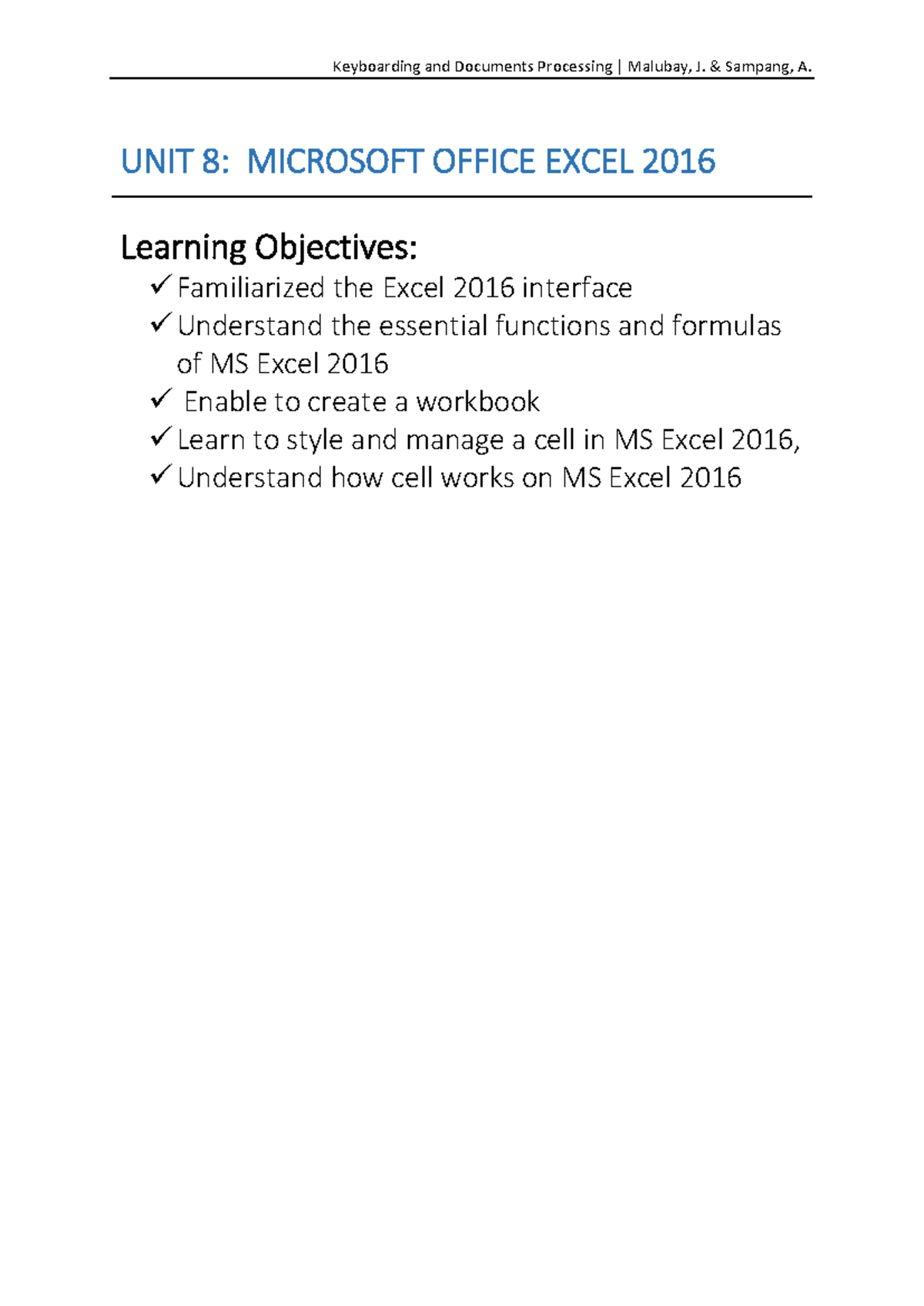 Unit 8: Microsoft Office Excel 2016 - Learning Module for OA 102 - Studocu