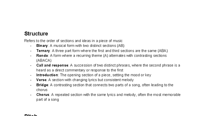 Music Concepts: Structure, Pitch, Texture, Dynamics, and Rhythm - Studocu