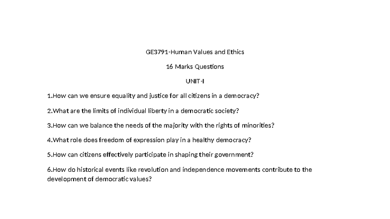 UNIT-1 16 marks - Notes - GE3791-Human Values and Ethics 16 Marks ...