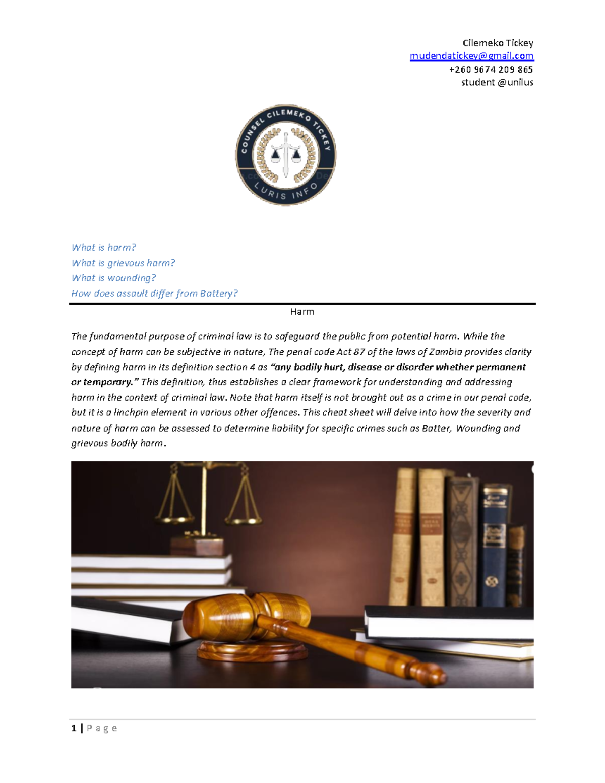 Assault, Wounding & Grievous Harm: A Zambian Law Perspective (LAW 9674 ...