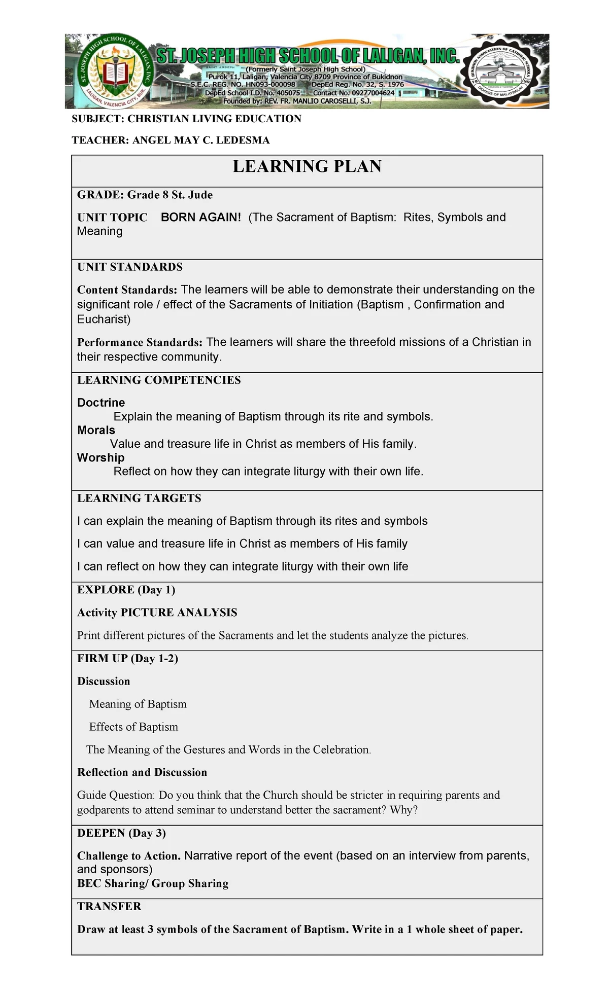 3 CLE 8 - Learning Plan: Sacraments of Initiation - Studocu