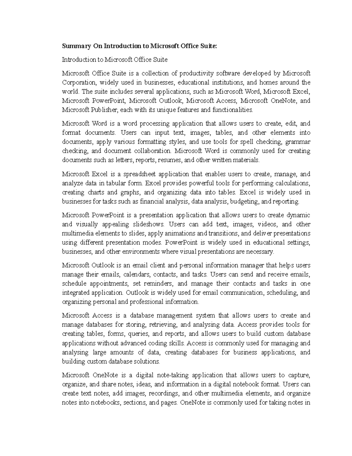 Summary of Microsoft Office Suite: Features and Functions - Studocu