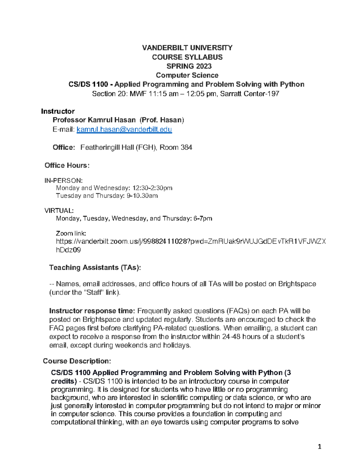 CS/DS 1100 Syllabus: Applied Programming & Problem Solving (Spring 2023) - Studocu