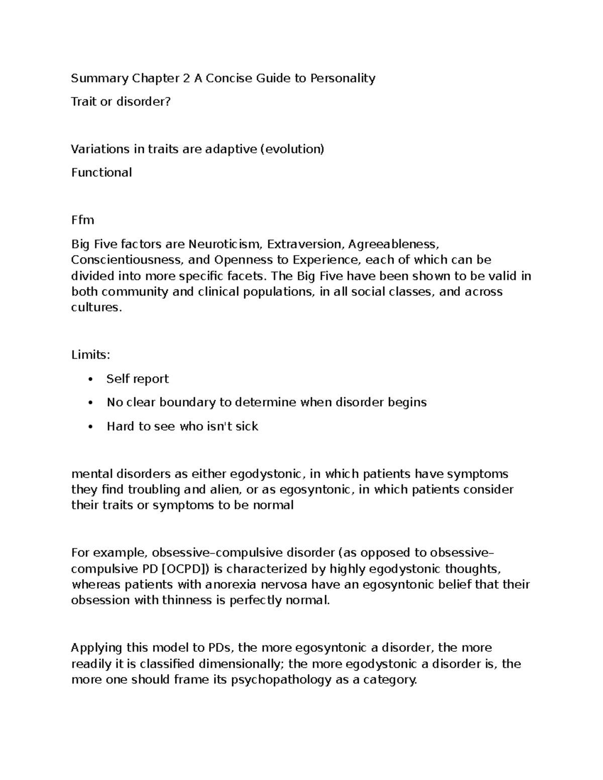 Summary of Chapter 2: Personality Traits and Disorders Analysis - Studocu