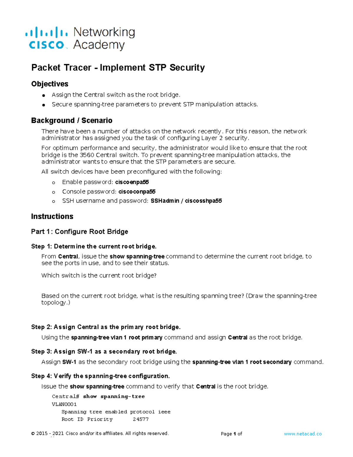14.9.10-Packet Tracer: Configuring STP Security for Layer 2 - Studocu