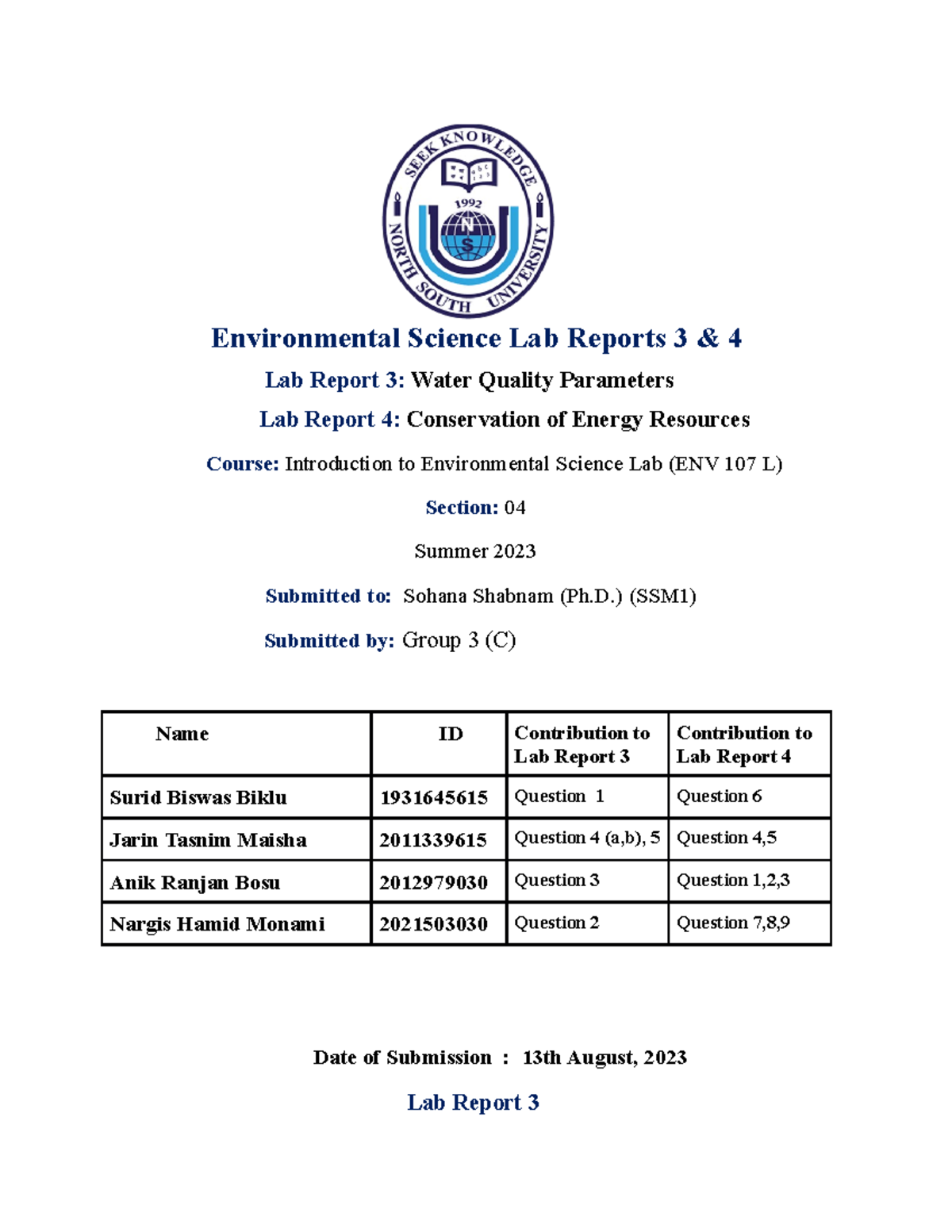 ENV 107 L: Lab Reports on Water Quality and Energy Conservation - Studocu