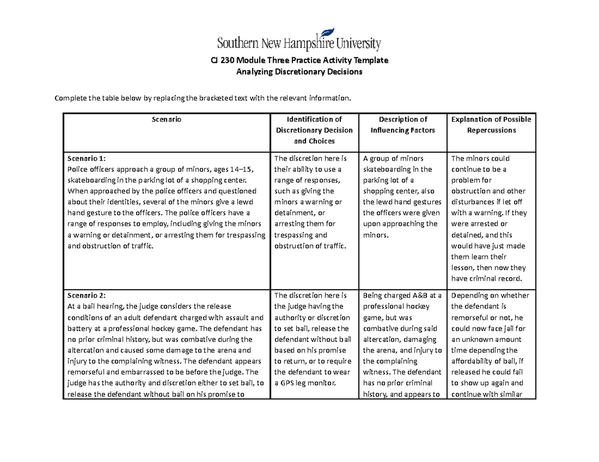 CJ 230 Module 3 Practice Activity on Discretionary Decisions - Studocu