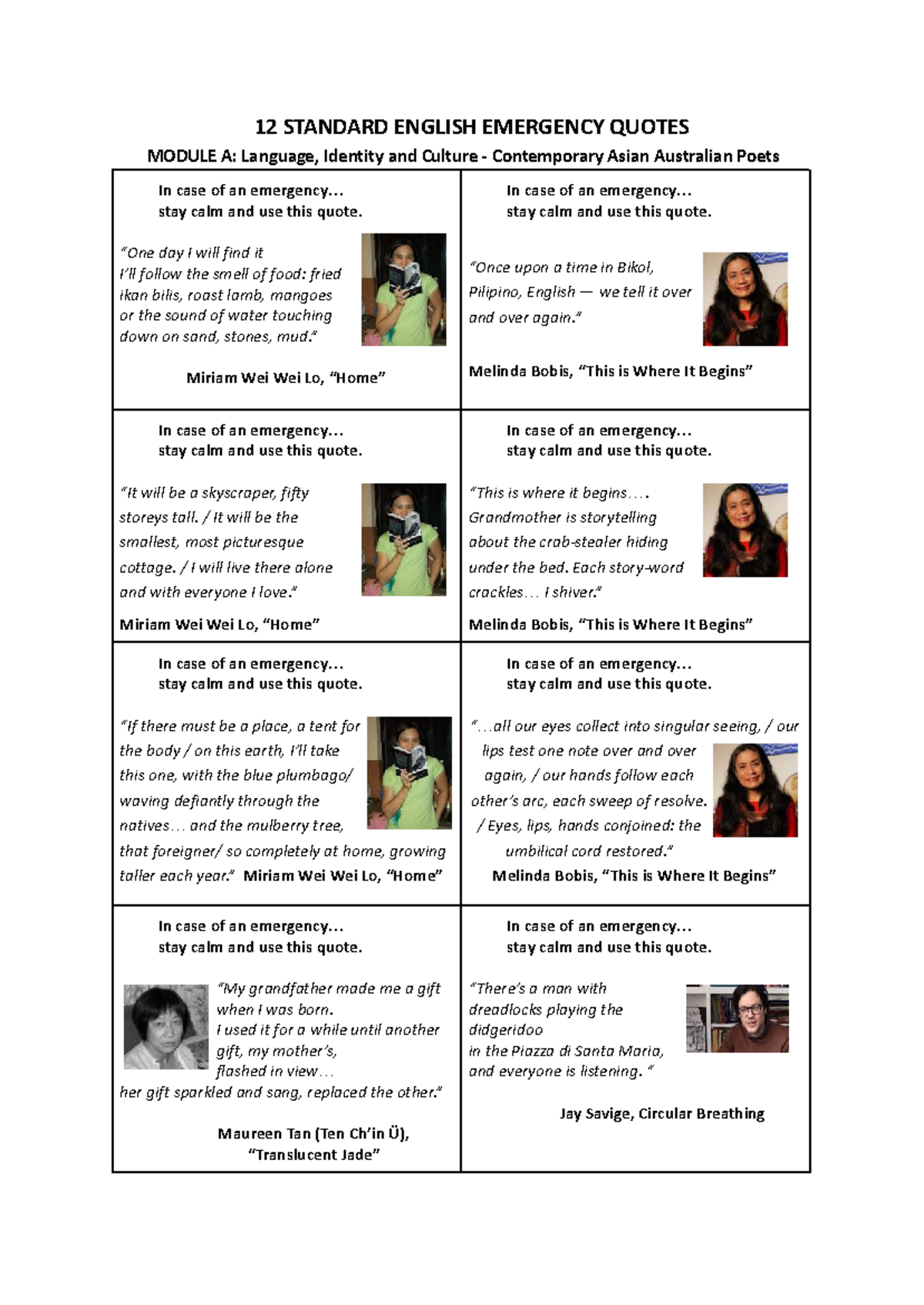 HSC Standard Emergency Module A: Quotes & Analysis on Language and ...