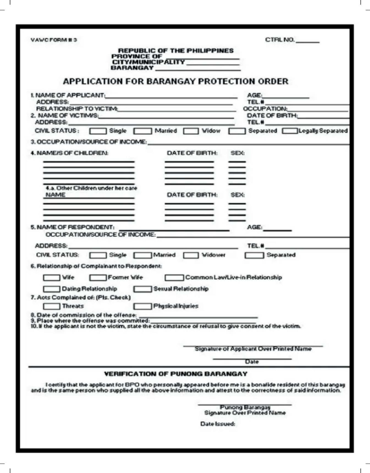 Barangay protection order application form for VAWC documentation - Studocu