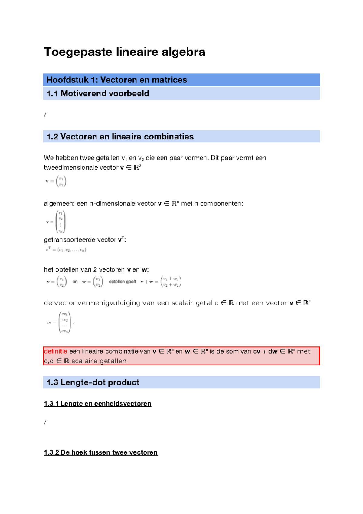 Toegepaste lineaire algebra Hoofdstuk 1-6: Vectoren, Matrices en ...