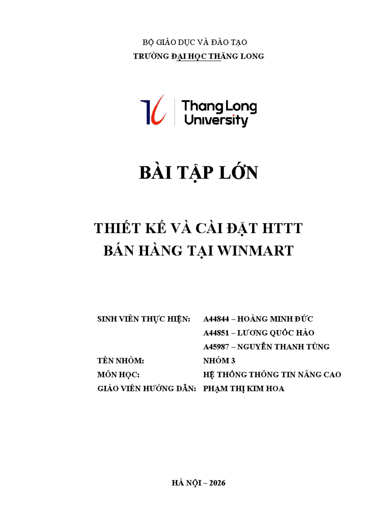 BÀI TẬP LỚN: THIẾT KẾ HỆ THỐNG THÔNG TIN BÁN HÀNG TẠI WINMART (A44844 ...