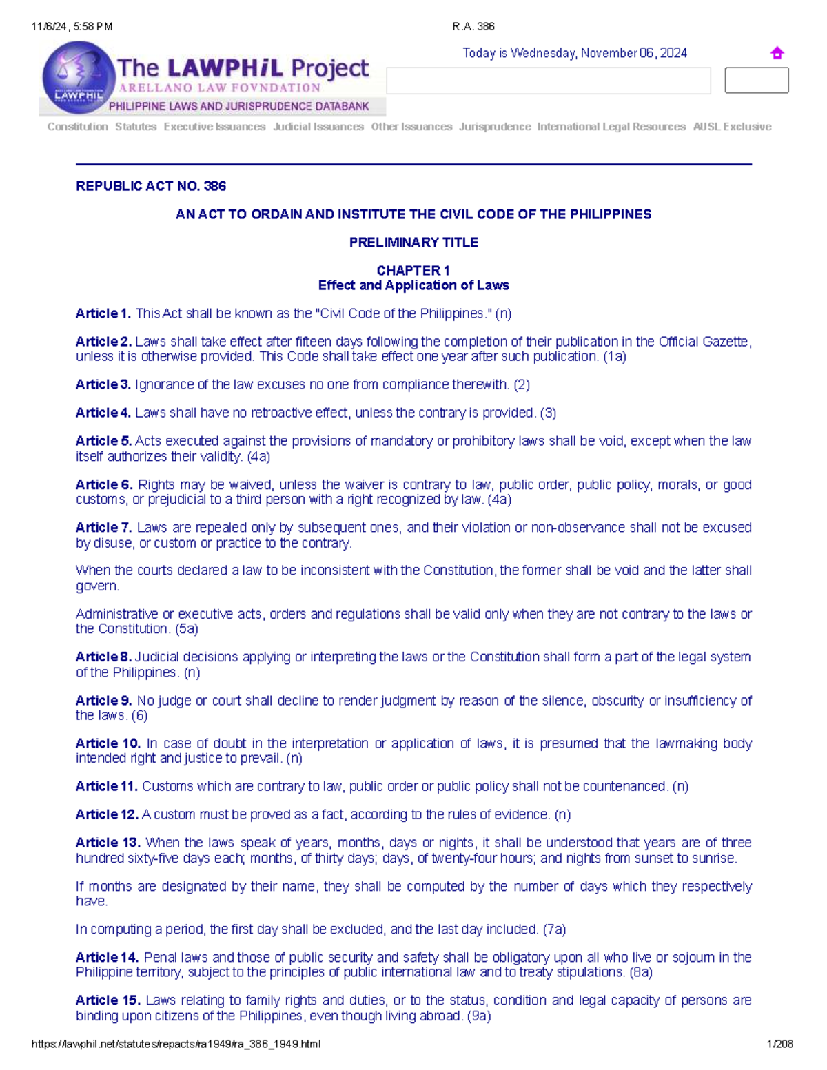 Civil Code of the Philippines - Constitution Statutes Executive ...
